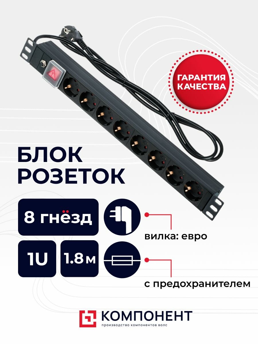Блок розеток 19" на 8 гнезд с предохранителем, 1U шнур 1.8 м