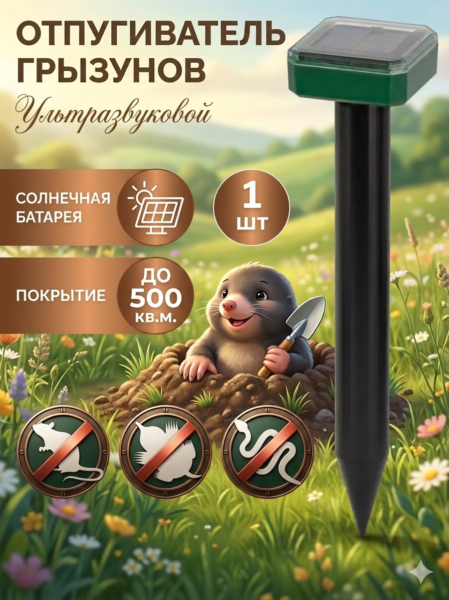 Отпугиватель кротов ультразвуковой на солнечной батарее, зуммер до 500 кв. м, 1 шт