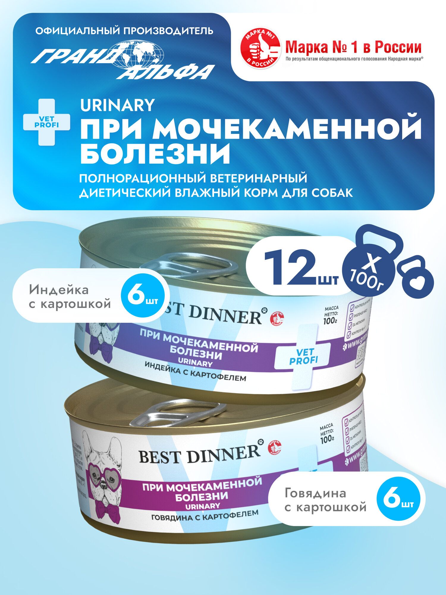 Влажный диетический корм Best Dinner (Бест Диннер) Vet Profi Urinary для собак при мочекаменной болезни Ассорти (12шт х 100гр)