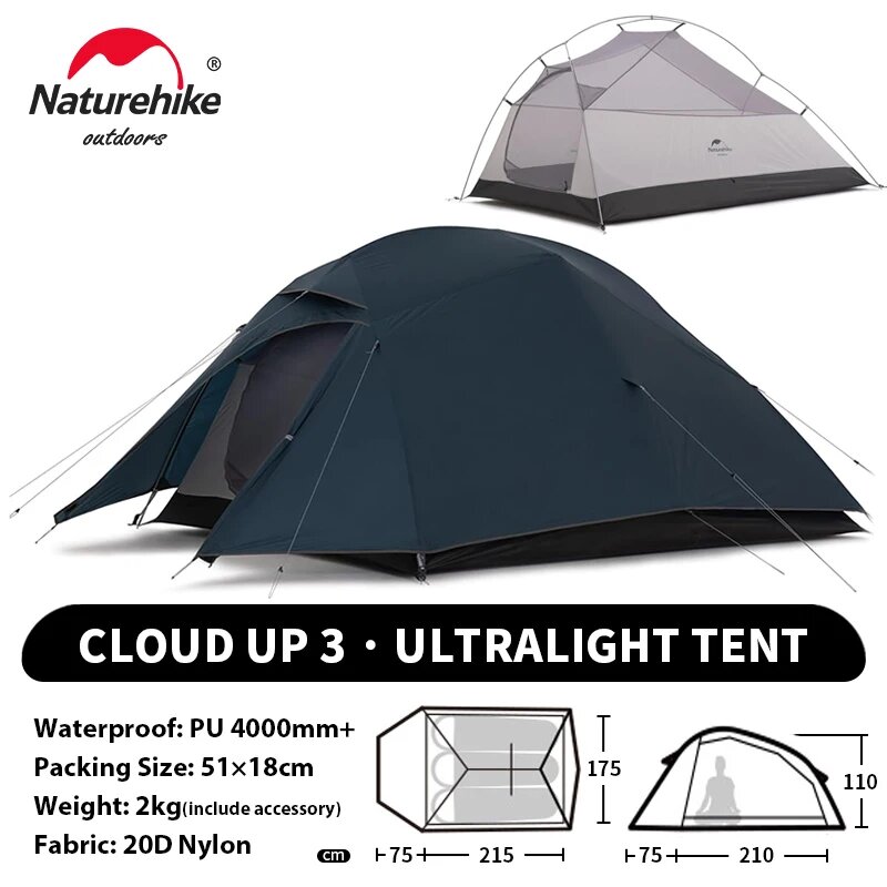 Палатка Naturehike Upgraded Cloud Up на 3 человека для户外活动, туристической палатка ультралегкая водонепроницаемая, свободно стоящая палатка для походов и альпинизма