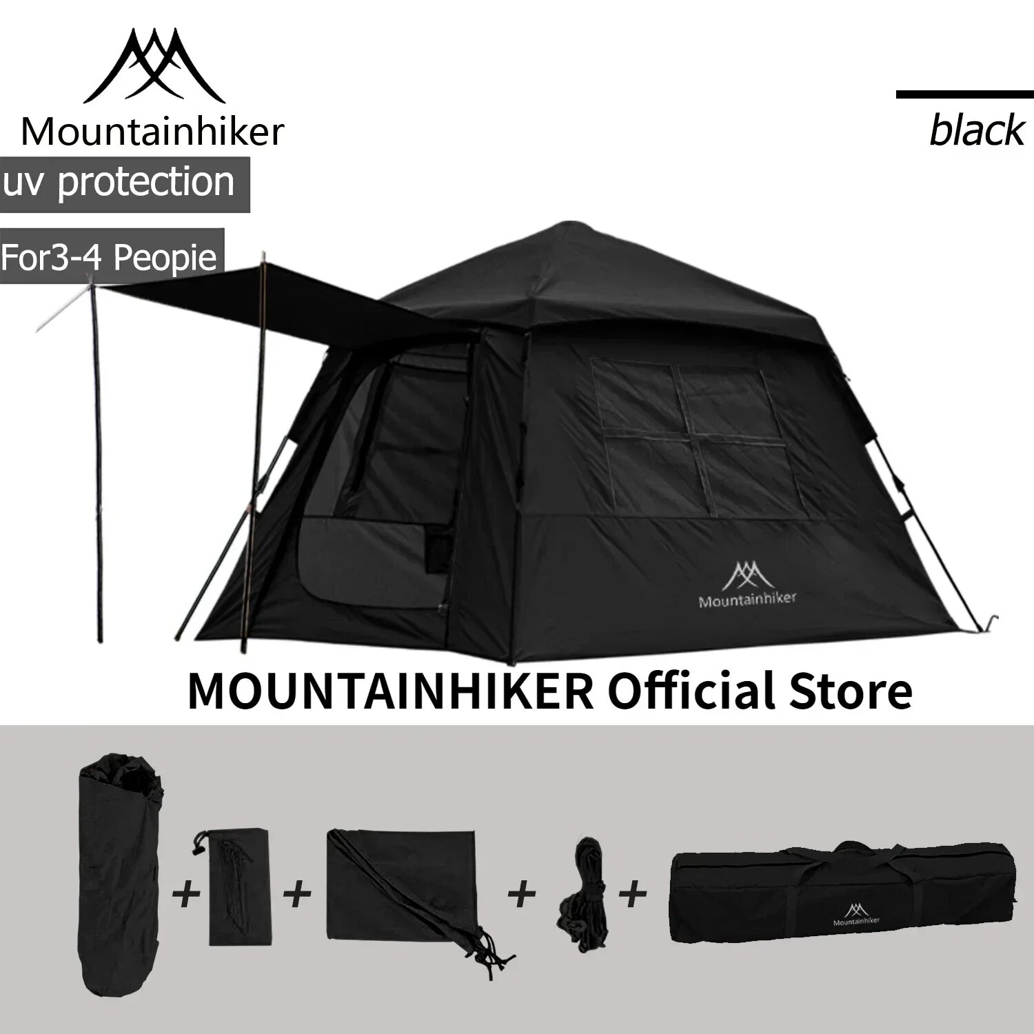 Автоматический палатка MOUNTAINHIKER, размер для 3-4 человек, спальный палатка, палатка для отдыха на открытом воздухе, палатка для походов и кемпинга, черный-черный