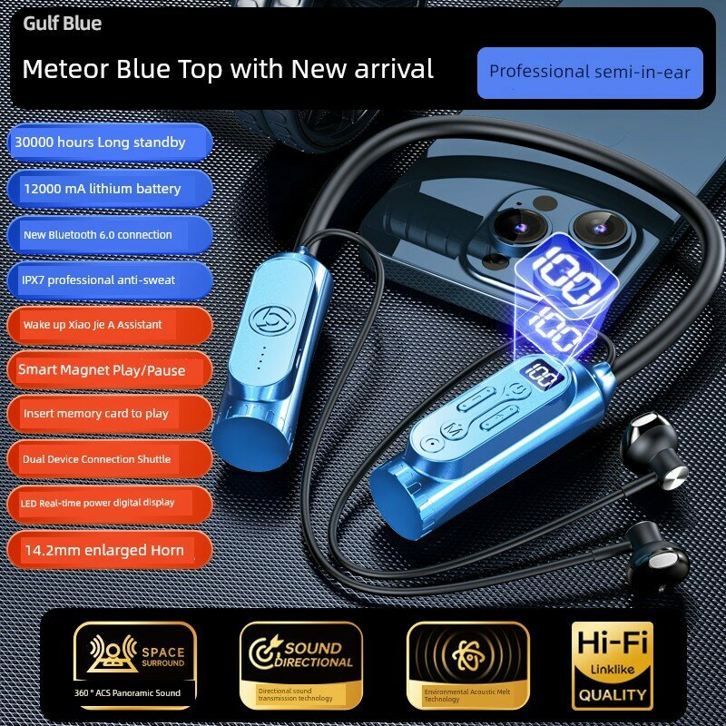 V618 Bluetooth беспроводные наушники с голосовым управлением, 12000 мАч батареи, метеорный синий полувкладыши для