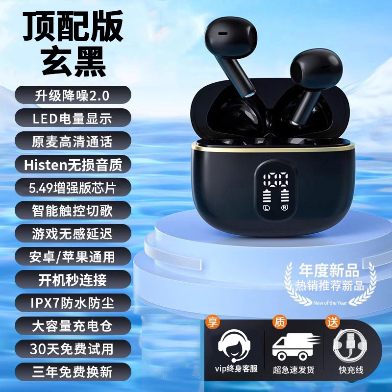 Беспроводные наушники Bluetooth с чипом 5.49, Hi-Res Dolby Atmos, ENC шумоподавлением и индикатором заряда — черные