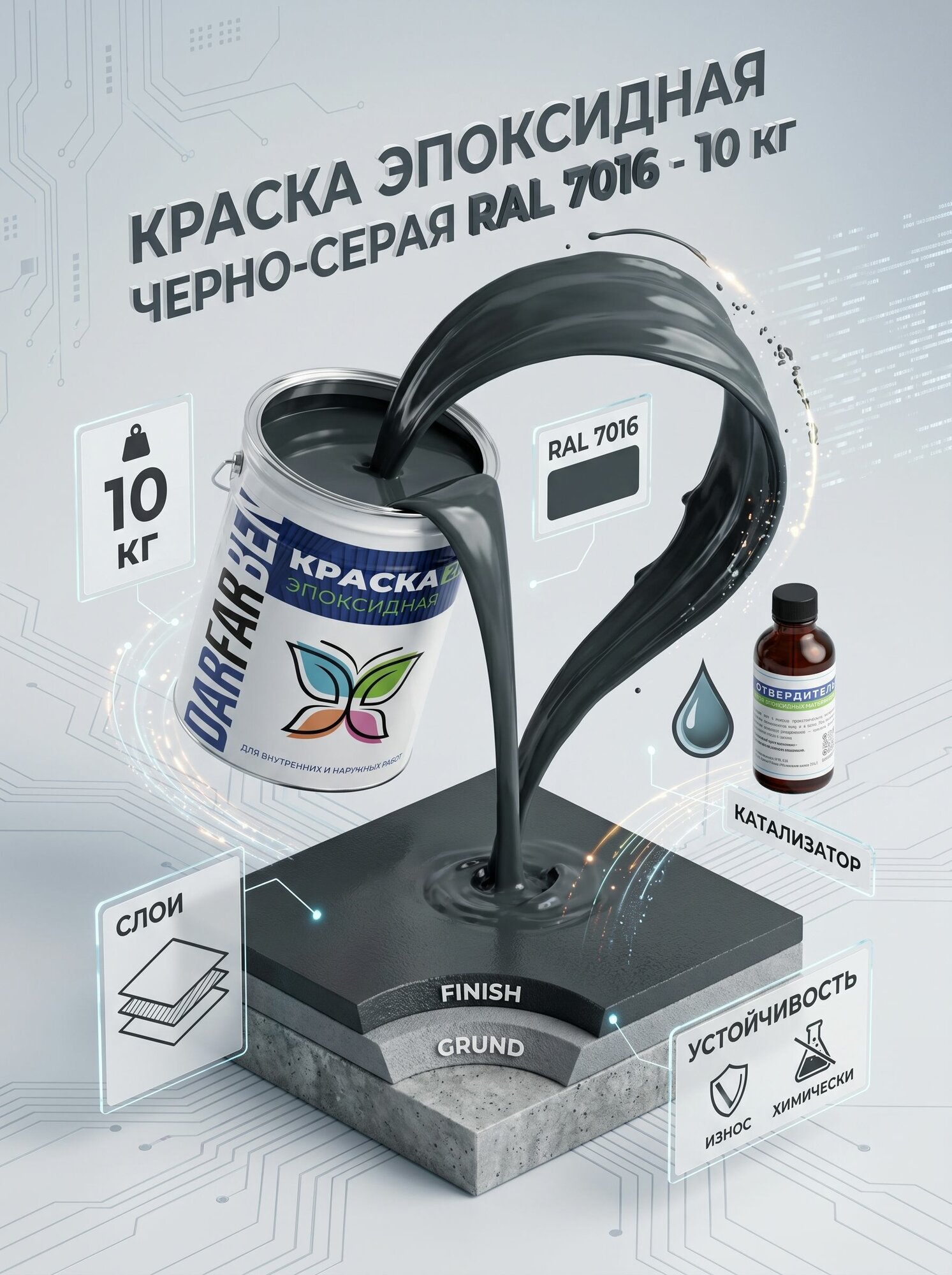 Краска эпоксидная для бетона, металла, дерева черно-серая DARFARBEN 10 кг