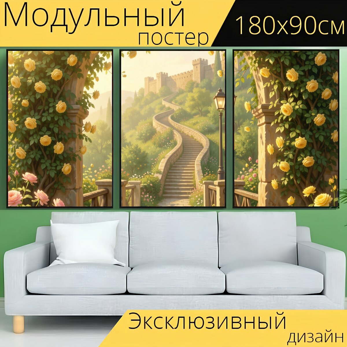 Модульный постер "Сказочный сад с замком. Уютная живописная аллея с каменной аркой, плетущимися желтыми и розовыми розами, лестницей к." 180 x 90 см. для интерьера на стену в тубусе