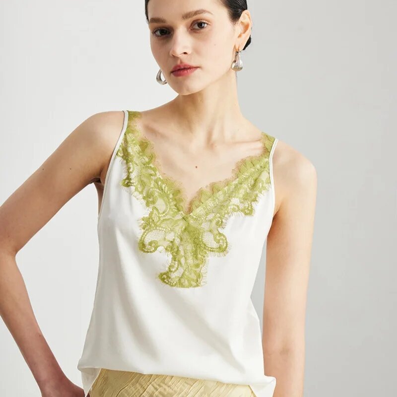 Шелковый топ без рукавов Birdtree, Green Lace, M