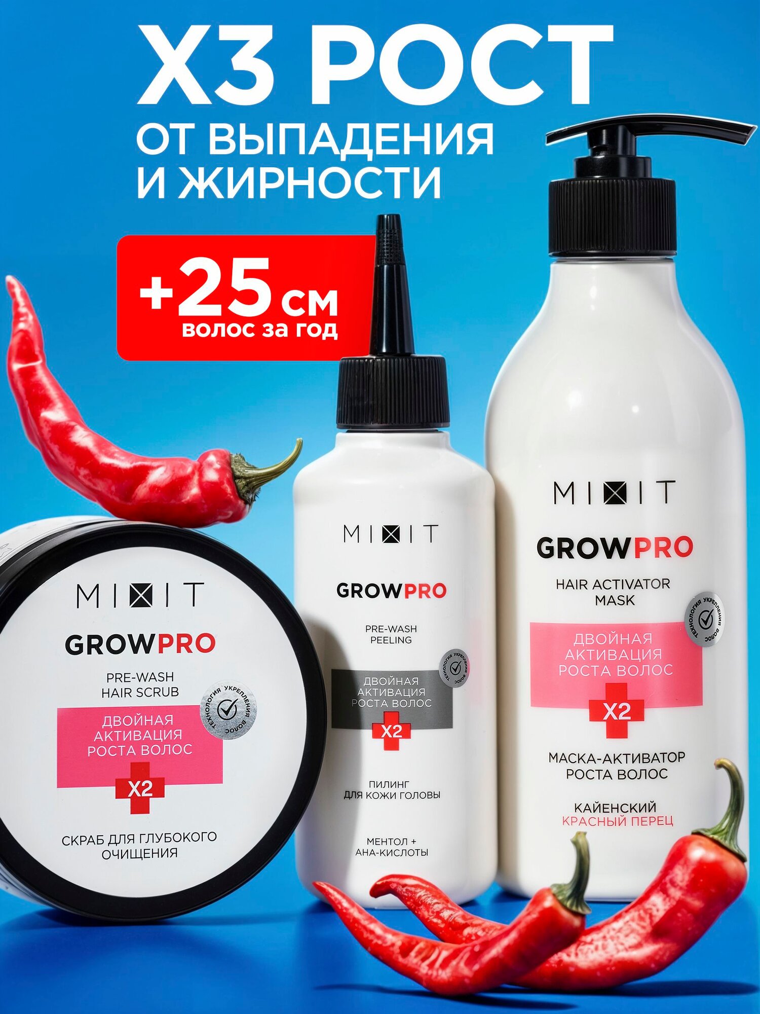 MIXIT Пилинг и скраб от выпадения и маска для роста волос Grow Pro