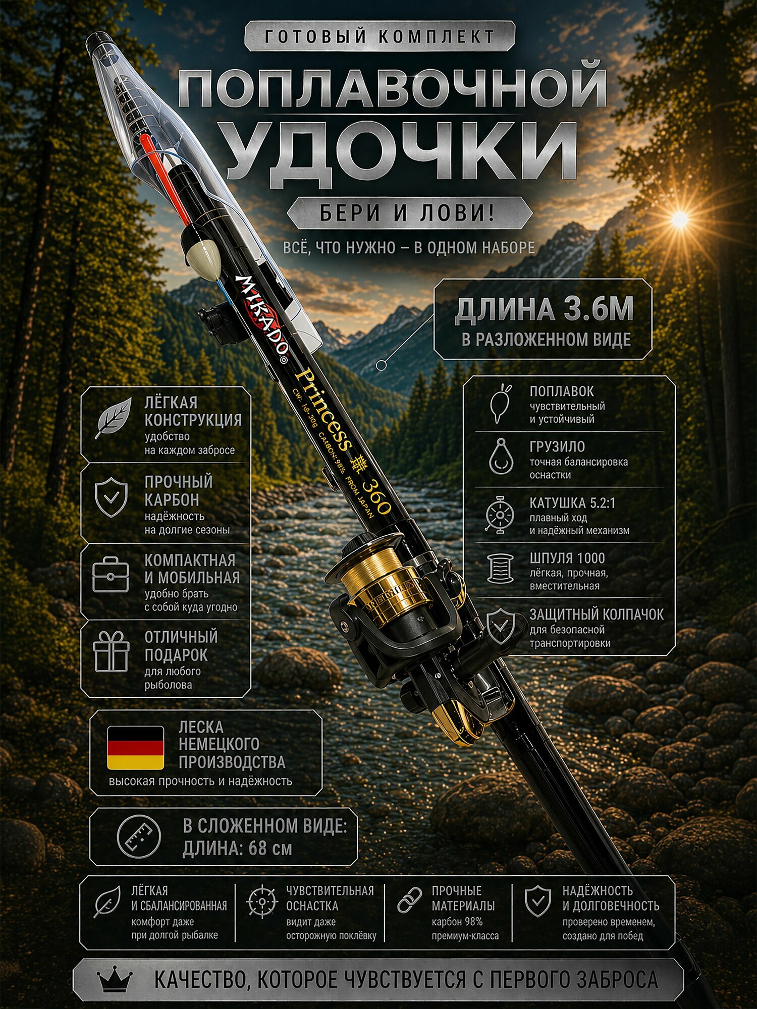 Удочка 3.6 м телескопическая с катушкой и поплавком готовый рыболовный набор Princess 360