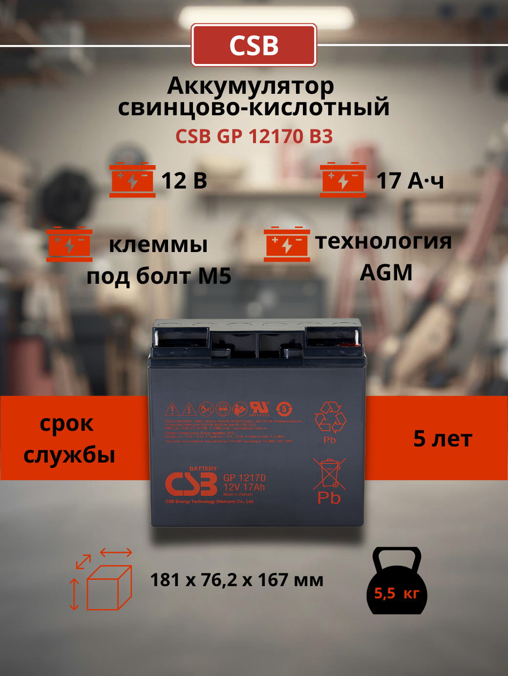 Аккумуляторная батарея CSB GP 12170 B3,17Ач, 12В, AGM, черный