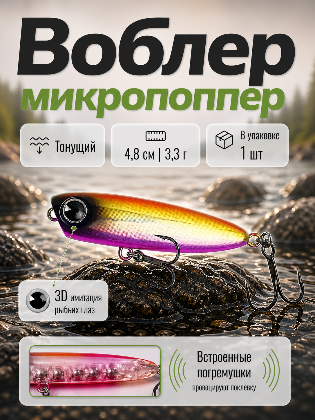 Воблер микропоппер, тонущая приманка, с погремушками и тройными крючками 4,8 см/3,3 г, оранжево-черная