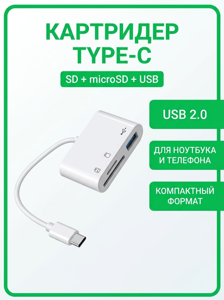 Картридер для MacBook: USB 2.0, для карт памяти SD и Micro SD, переходник, адаптер для Type-C ноутбука и телефона