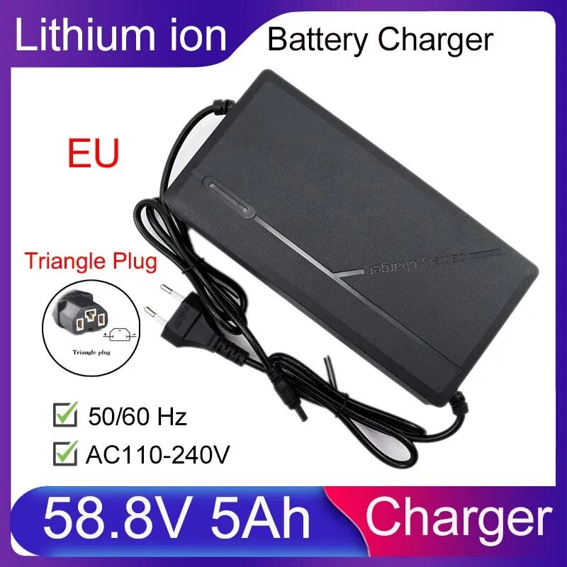 58.8V 5A Зарядное устройство для литиевых батарей (Triangle plug), AC 100 - 240V, для быстрой и безопасной зарядки, таких как 14S 52V электрический скутер /Велосипеды ждут