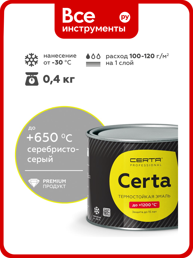 Термостойкая краска CERTA для металла, печей, радиаторов, дымоходов, серебристо‑серый, быстросохнущая, износостойкая