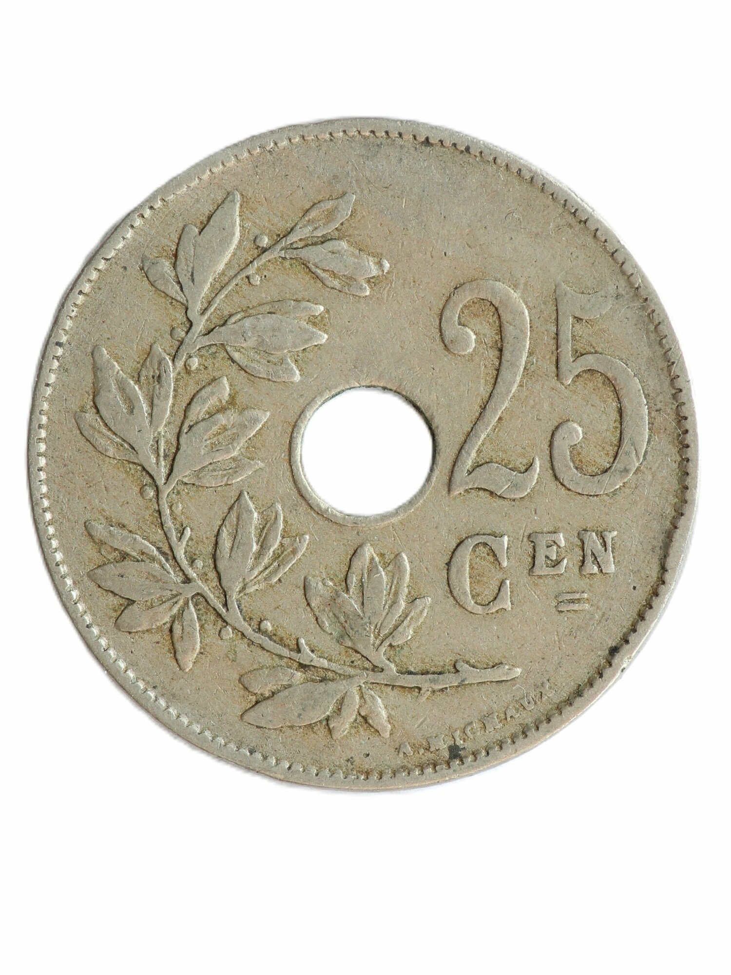 Подлинная монета Бельгии 25 сантимов 1922 года BELGIE