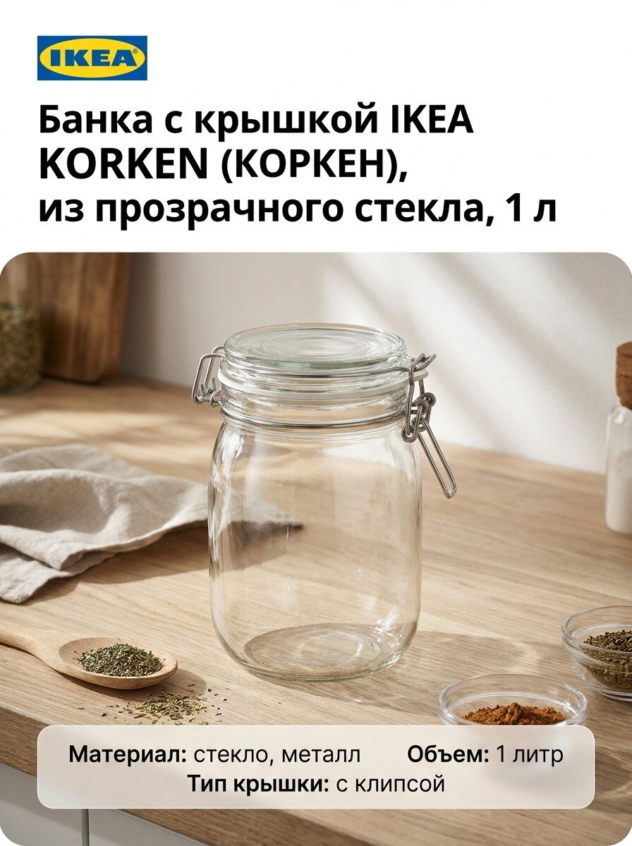 Банка с крышкой IKEA KORKEN (коркен), из прозрачного стекла, 1 л, 1 шт