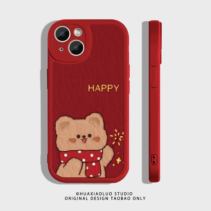 Чехол для iPhone 16 с рисунком медведя, кожаный, красный