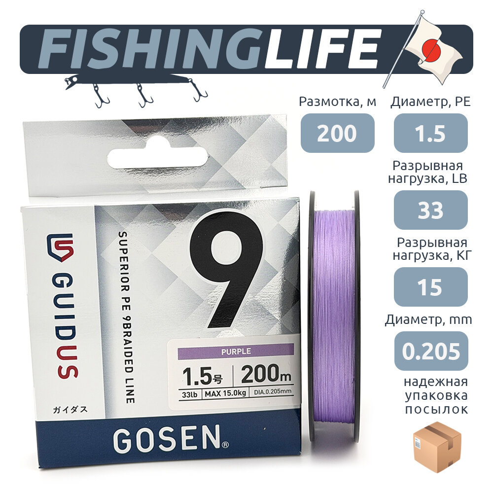 Плетеная леска (шнур) Gosen Guidus PE x9 200м фиолетовый #1.5 0.205мм 33лб 15кг