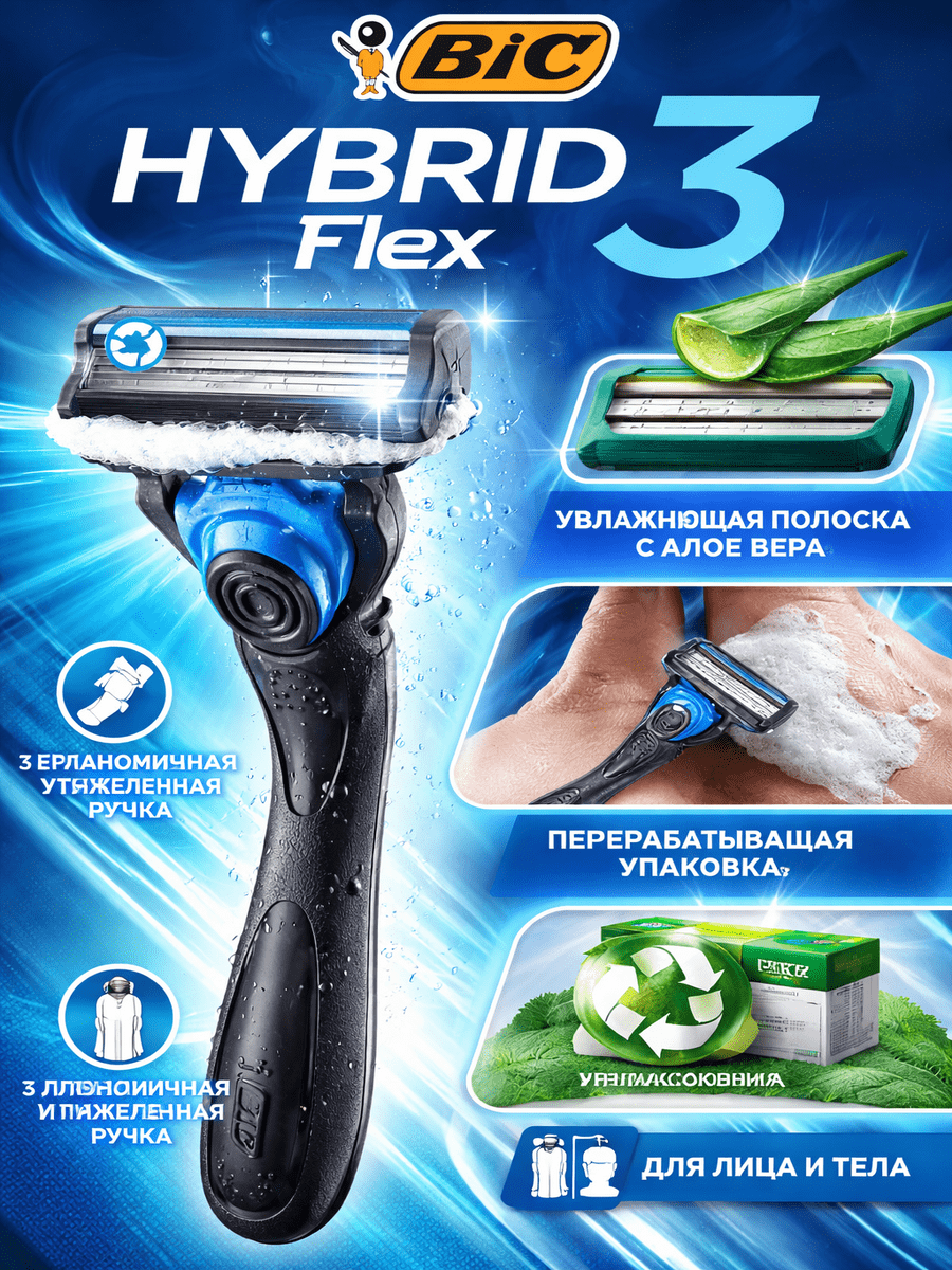 Бритва мужская BIC Flex 3 Hybrid 3 лезвия плавающая головка, 1 ручка и 2 сменные кассеты