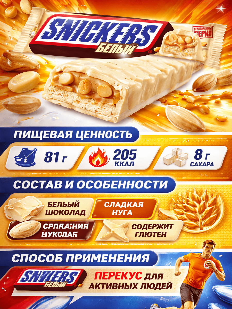 Батончик шоколадный Snickers Белый, 81г