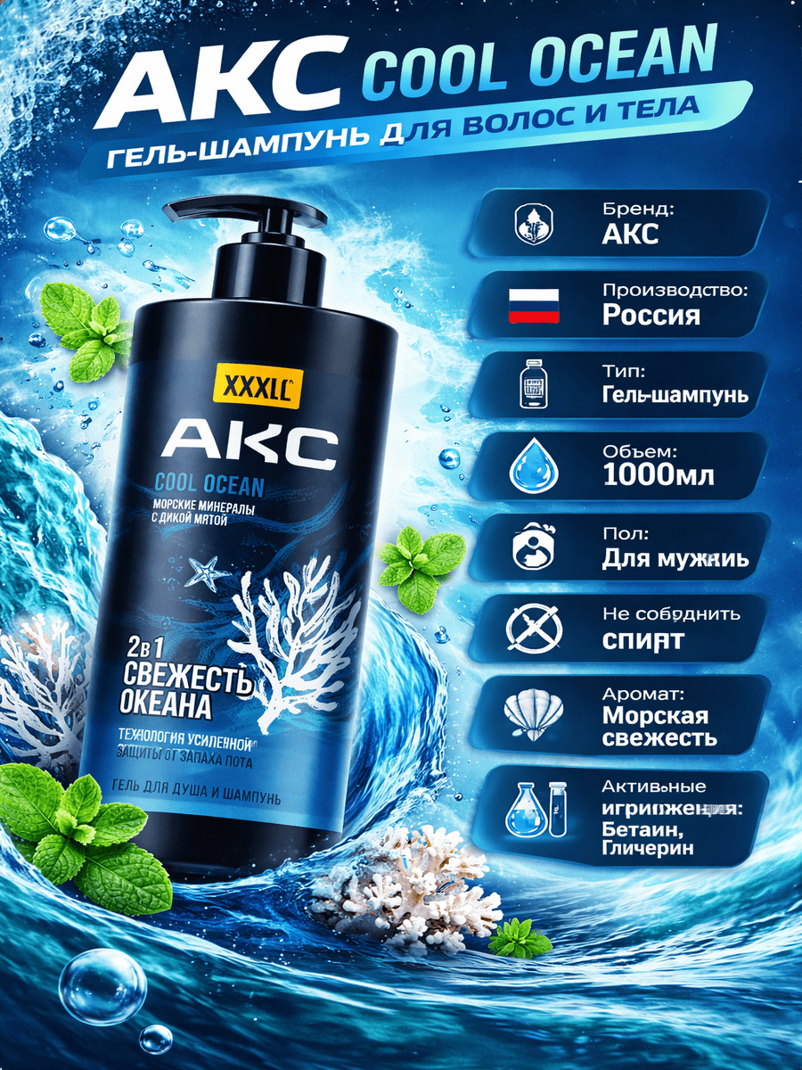 Гель для душа Акс Cool Ocean 2в1, 1л