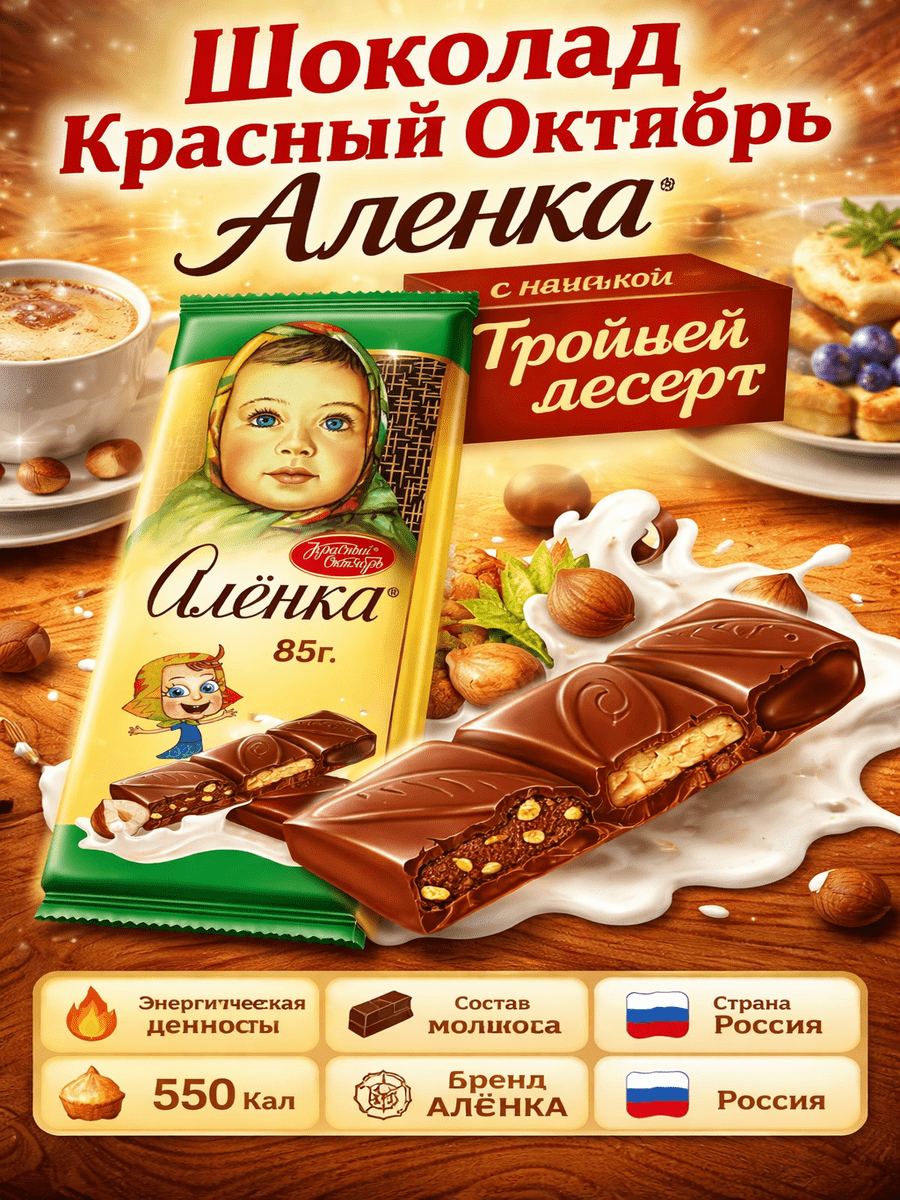 Шоколад Красный Октябрь Аленка с начинкой Тройной десерт, 85г