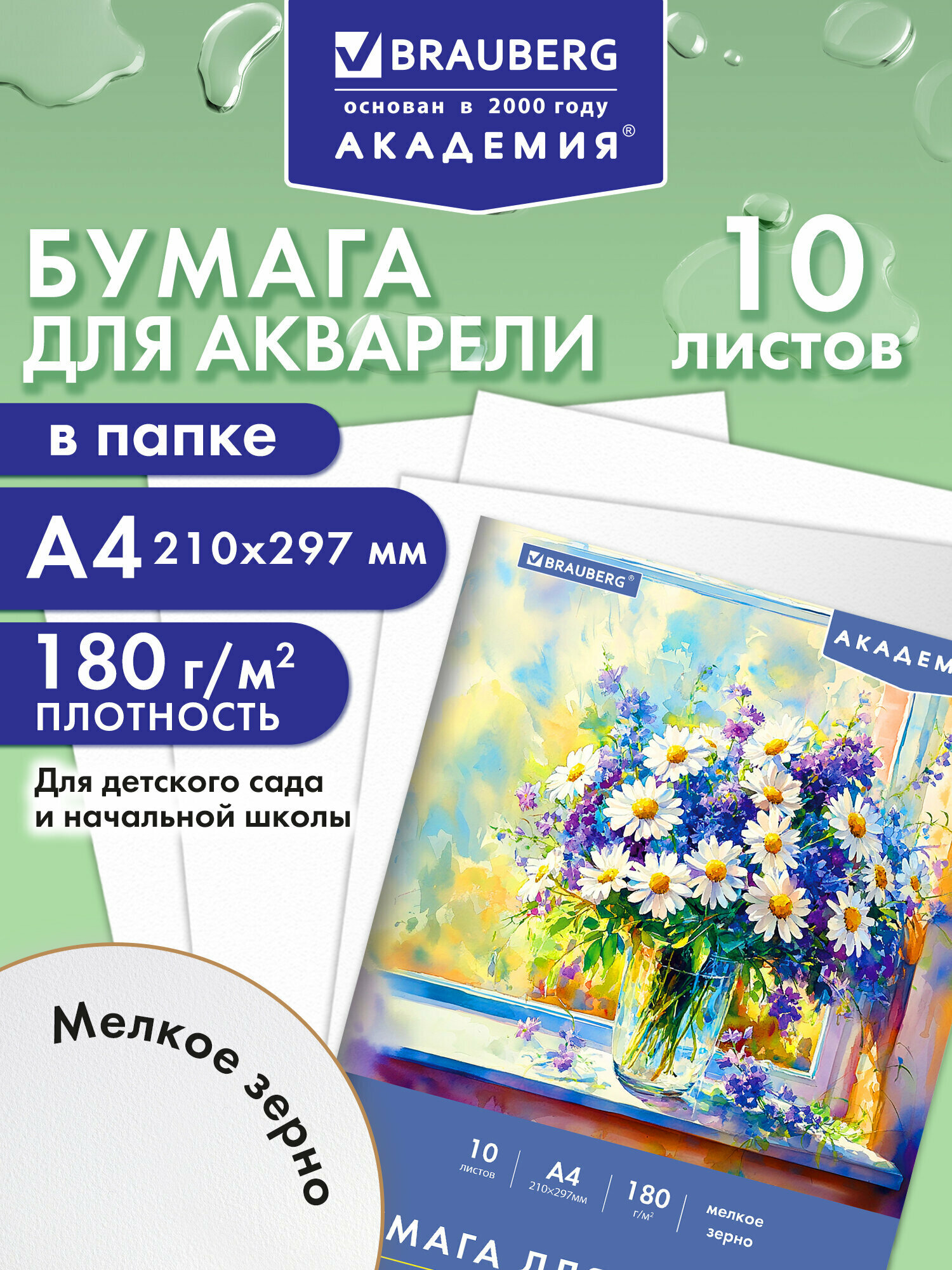 Бумага для акварели, для рисования художественная А4, набор 10 листов в папке, 180 г/м2, Brauberg Академия Утро, 117742