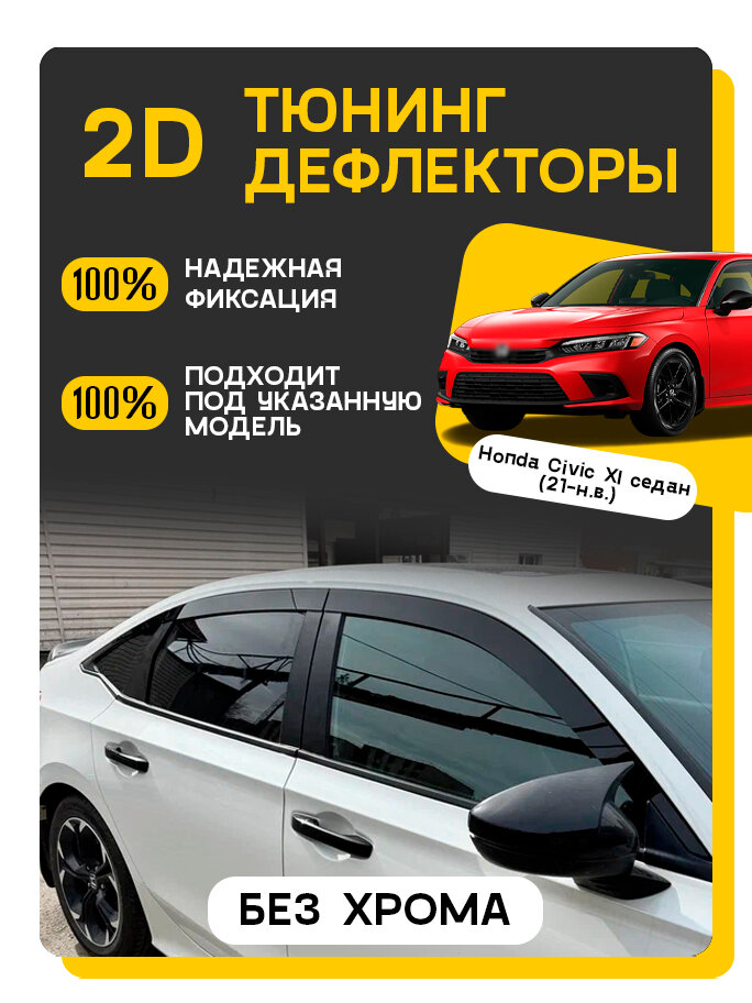 Плоские тюнинг дефлекторы для Honda Civic XI (2021-2026) седан / 2d дефлекторы на Хонда Цивик 11. Комплект 6 шт.