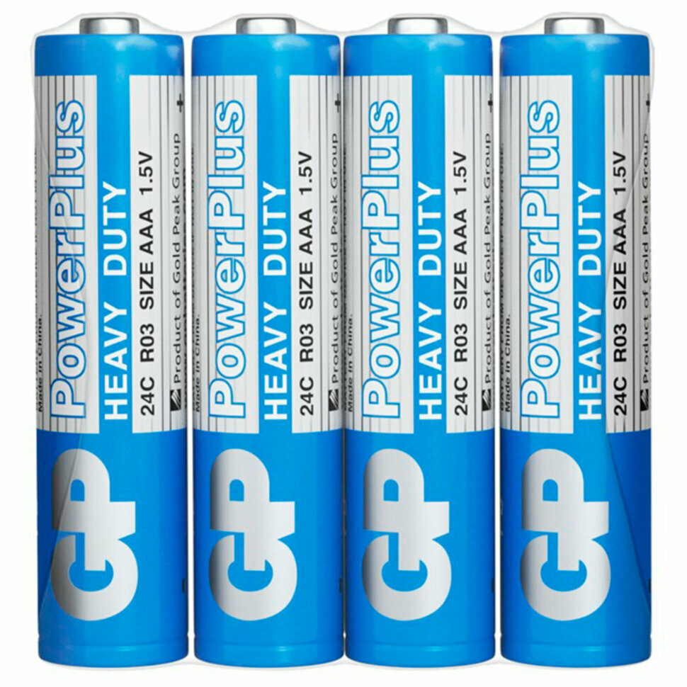 Батарейки комплект 4 шт, GP PowerPlus AAA (R03, 24G), солевые, мизинчиковые, в пленке, 24CEBRA-2S4, 457756
