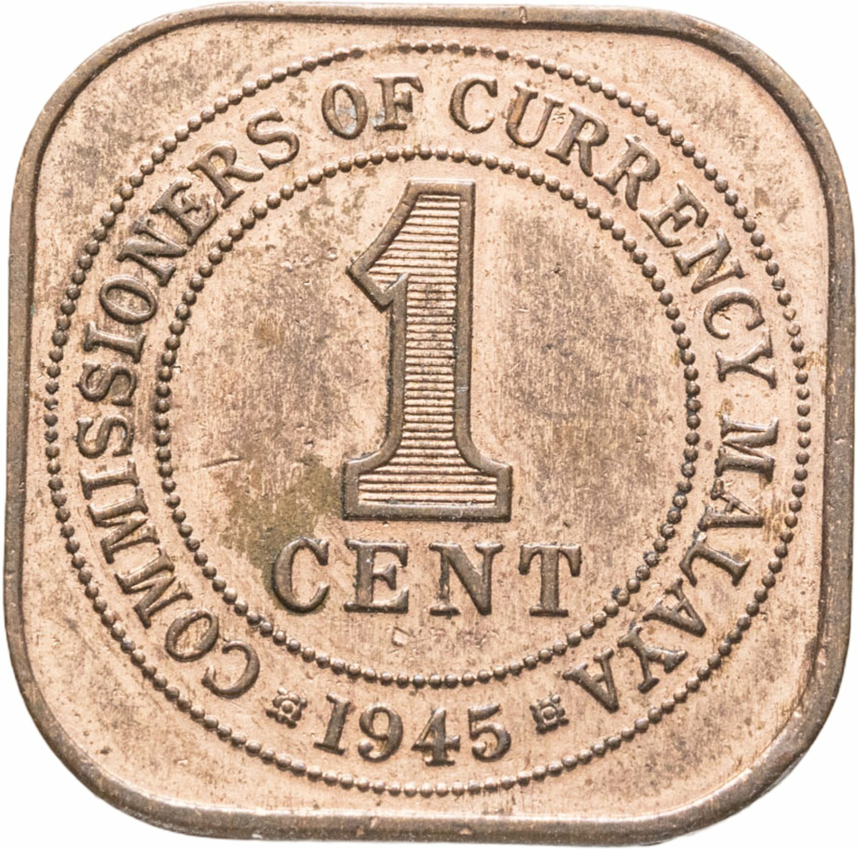 Малайя 1 цент cent 1945, Бронза, в сохранности AU