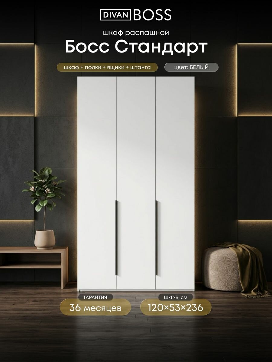 Шкаф распашной, Босс Стандарт, 120х53х236 см, 3х дверный, белый