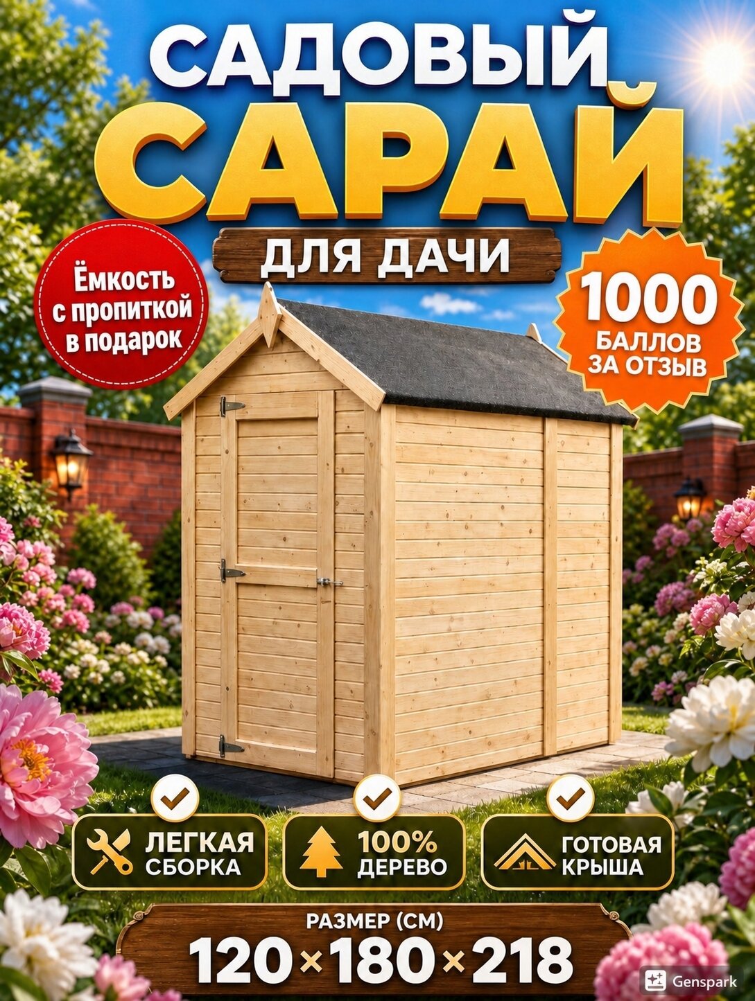 Хозблок REALWOOD, деревянный, модульный, с мягкой черепицей, 120x180x218 см