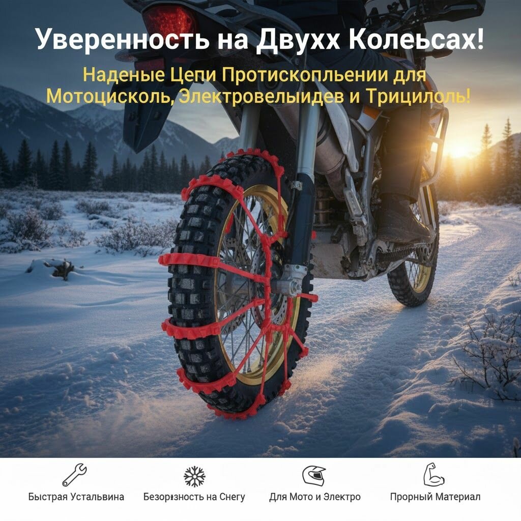 Противоскользящие ремешковые цепи для шин — установка без домкрата, для снега и льда, универсальные для авто/мото