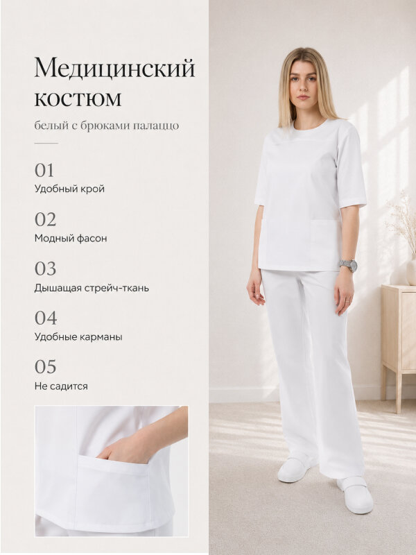 Медицинский костюм женский с брюками палаццо, спецодежда, белый, размер 50, короткий рукав, износостойкий, дышащий