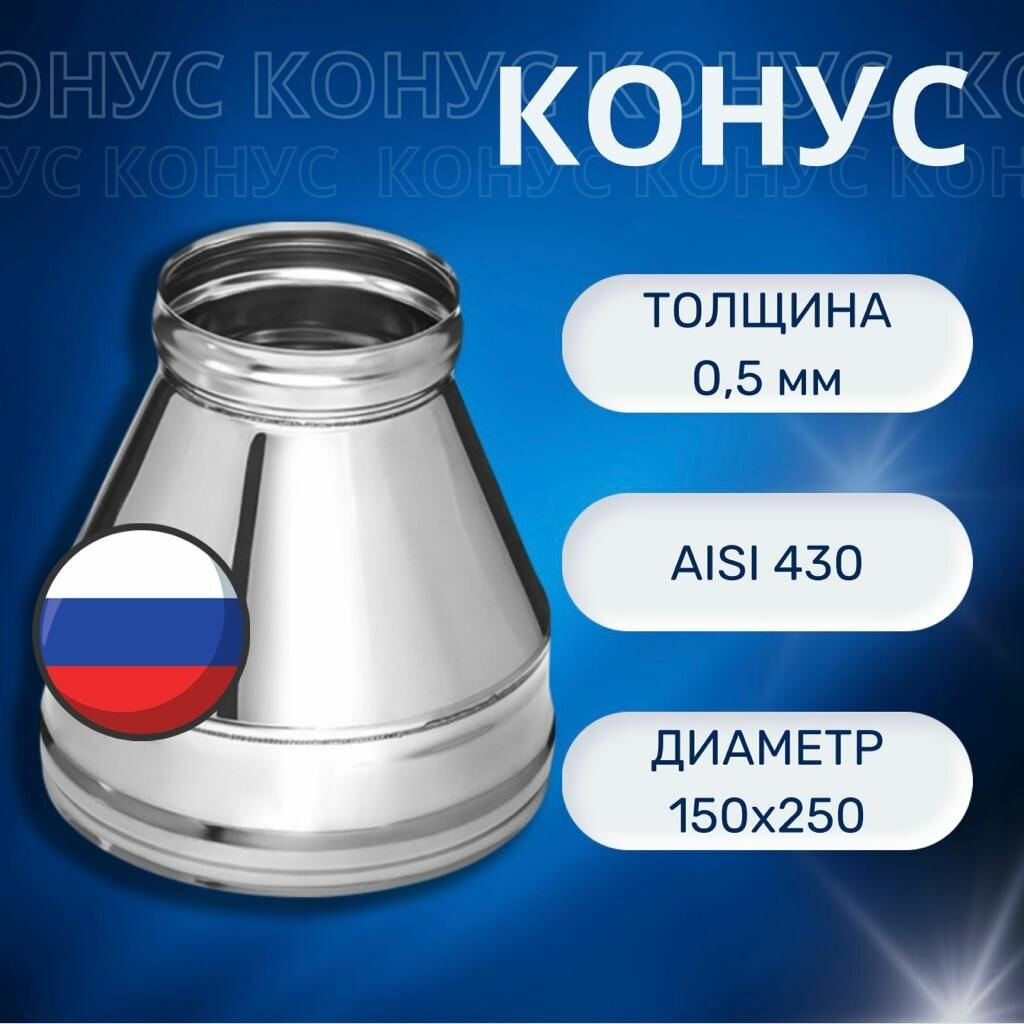 Конус на сендвич дымоход, D-150х250, (AISI 430+ нерж.0,5мм)