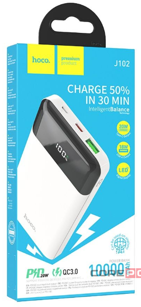Повербанк Powerbank Hoco J102 10000mAh 1USB/1C 18W/20W белый