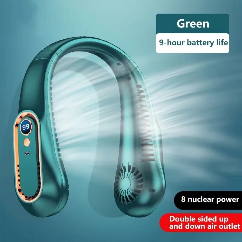 Портативный вентилятор на шею зеленый, 9-hour battery life, 8 nuclear power