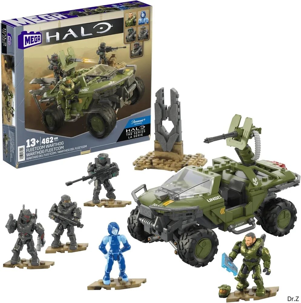 Набор игрушек для конструирования транспортных средств серии MEGA Halo, квадроцикл FLEETCOM Warthog, состоящий из 469 деталей, 5 микро-фигурок