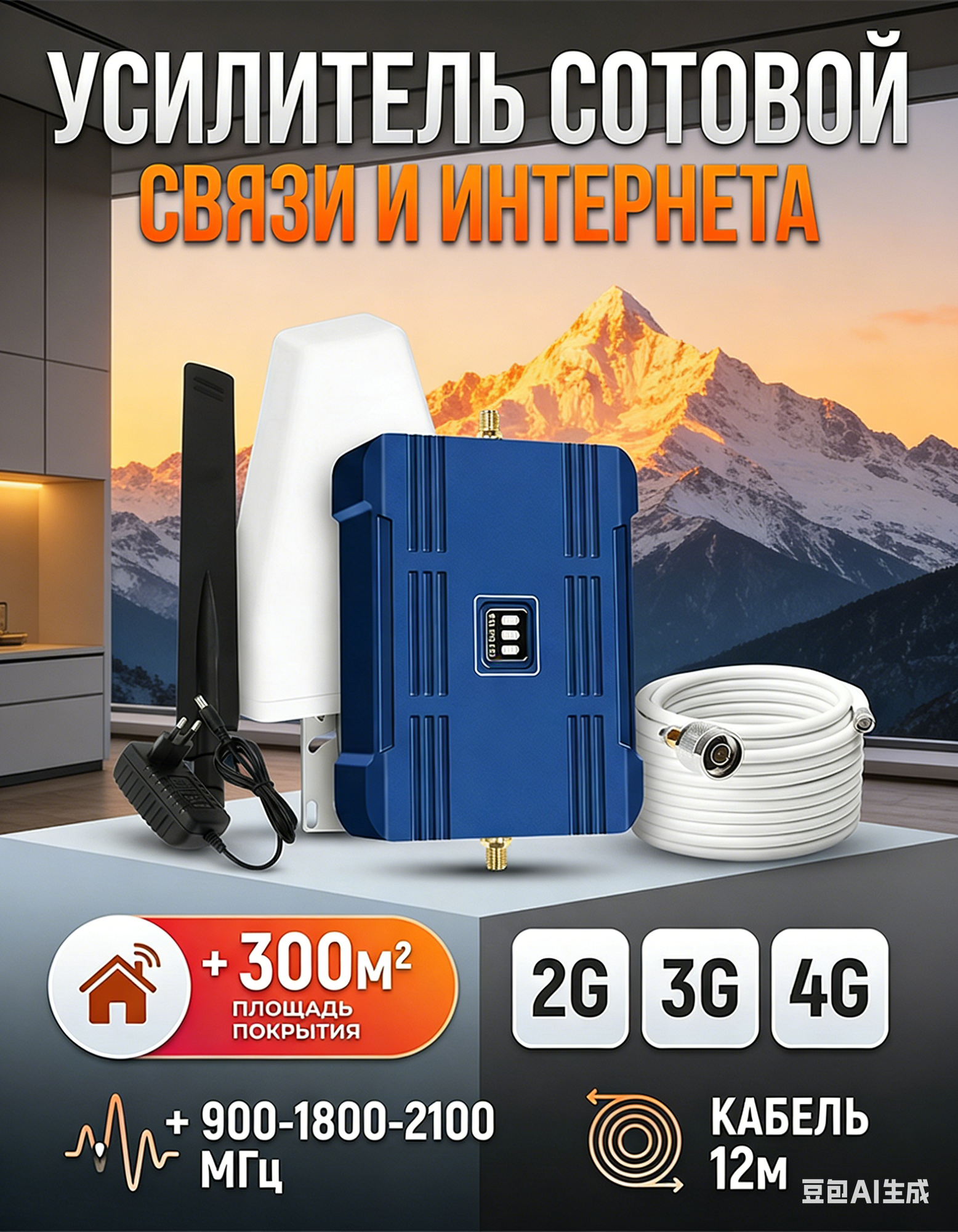 Усилитель сотовой связи 900/1800/2100 МГц (2G/3G/4G): до 70 км, направленный, синий, 1.3 кг
