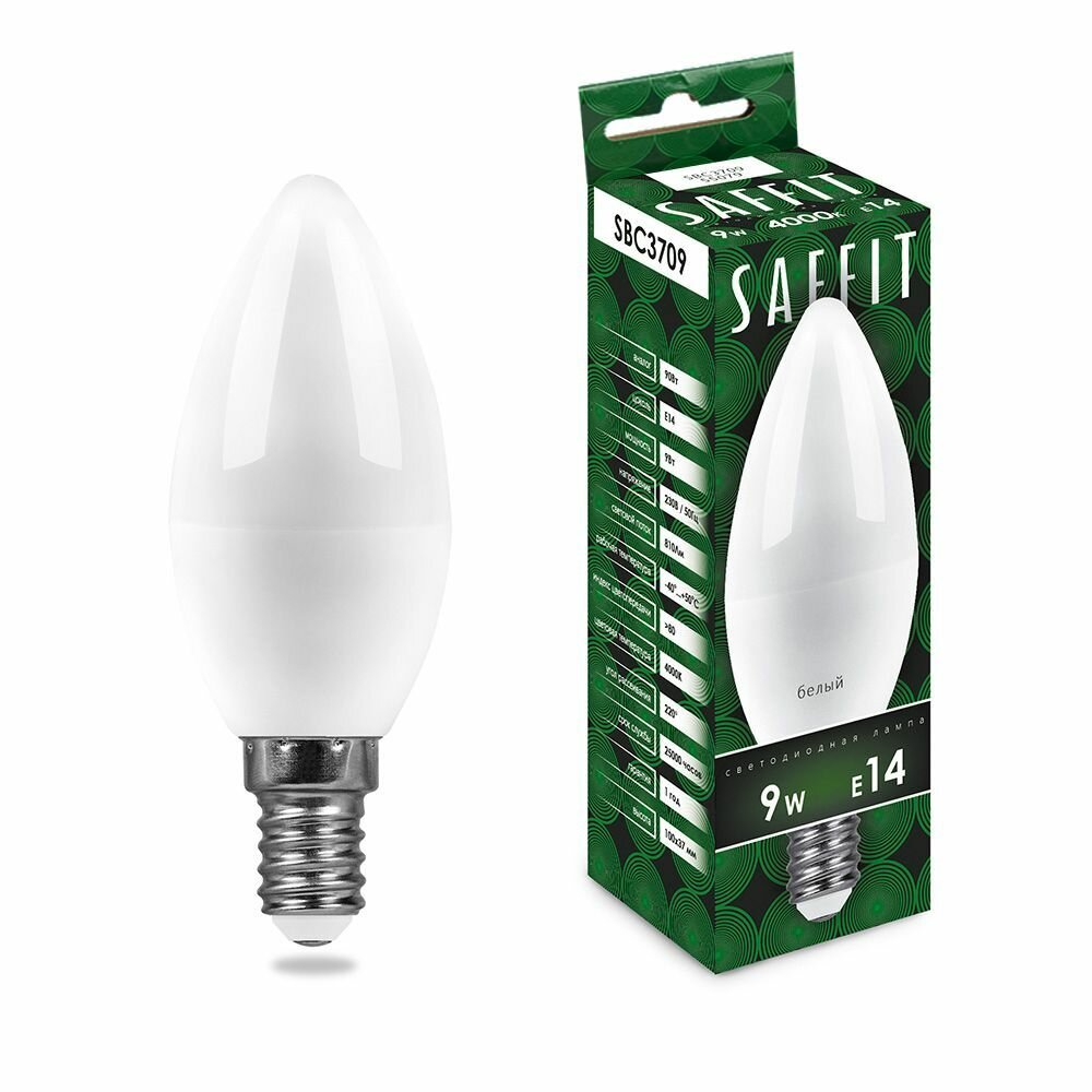 Лампа светодиодная SBC3709 Свеча E14 9W 230V 4000K комплект 10 штук SAFFIT 55079