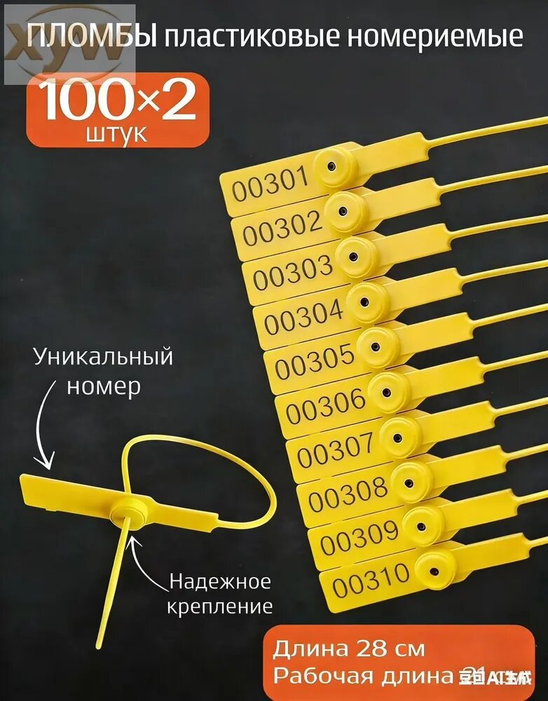 Пломбы пластиковые универсальные номерные, 280 мм, цвет жёлтый (200 шт в упаковке)