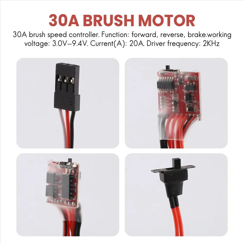 Электронный регулятор скорости RC ESC 30A 4-8V для коллекторных двигателей масштабов 1/16 и 1/18, предназначенный для радиоуправляемых автомобилей, транспортных средств и судов (красный).