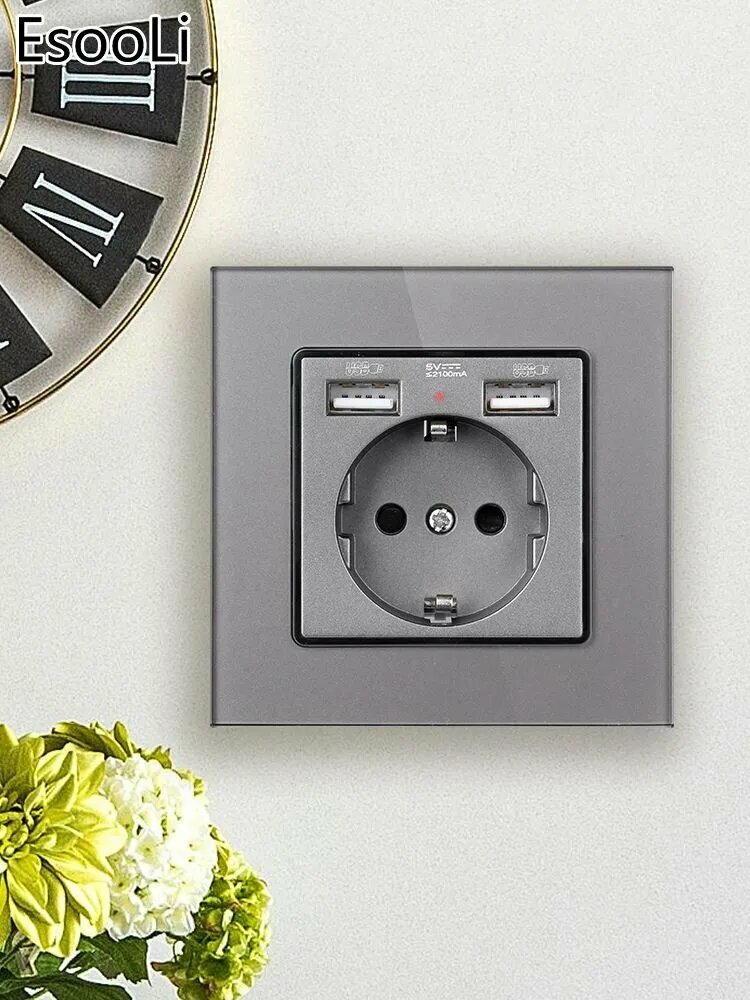 Розетка 16A с 2 USB-портами, серая стеклянная панель, 86MM*86MM с заземлением