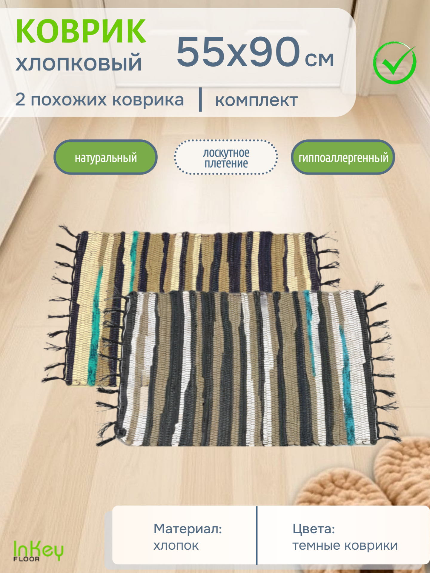 Комплект ковриков InKey FLOOR, для бани, из хлопка, ручной работы 55x90см 2 штуки
