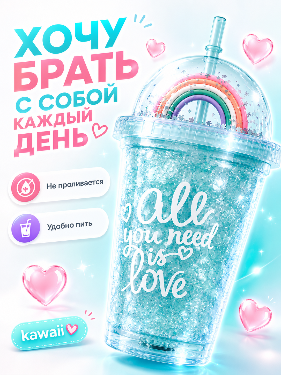 Стакан с крышкой и трубочкой, с подсветкой Радуга, 500 мл, пластиковый, зеленый