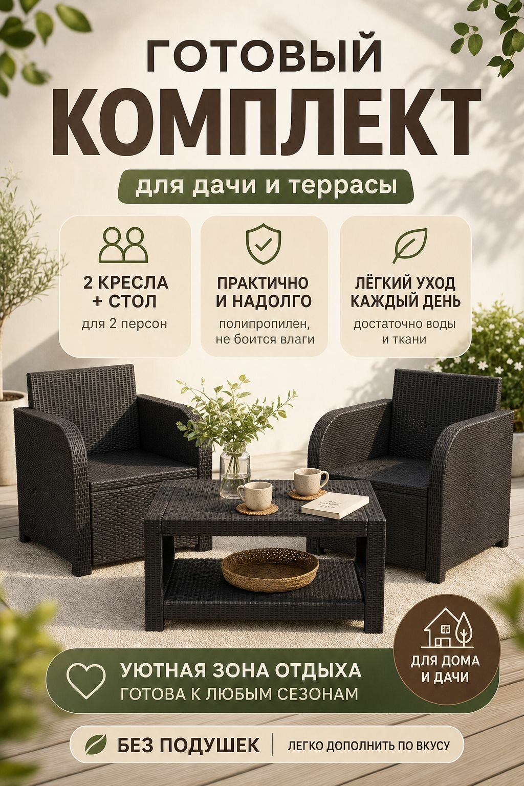 Комплект садовой мебели Дакота 2 ротанг, цвет венге (2 кресла, стол), с коричневыми подушками