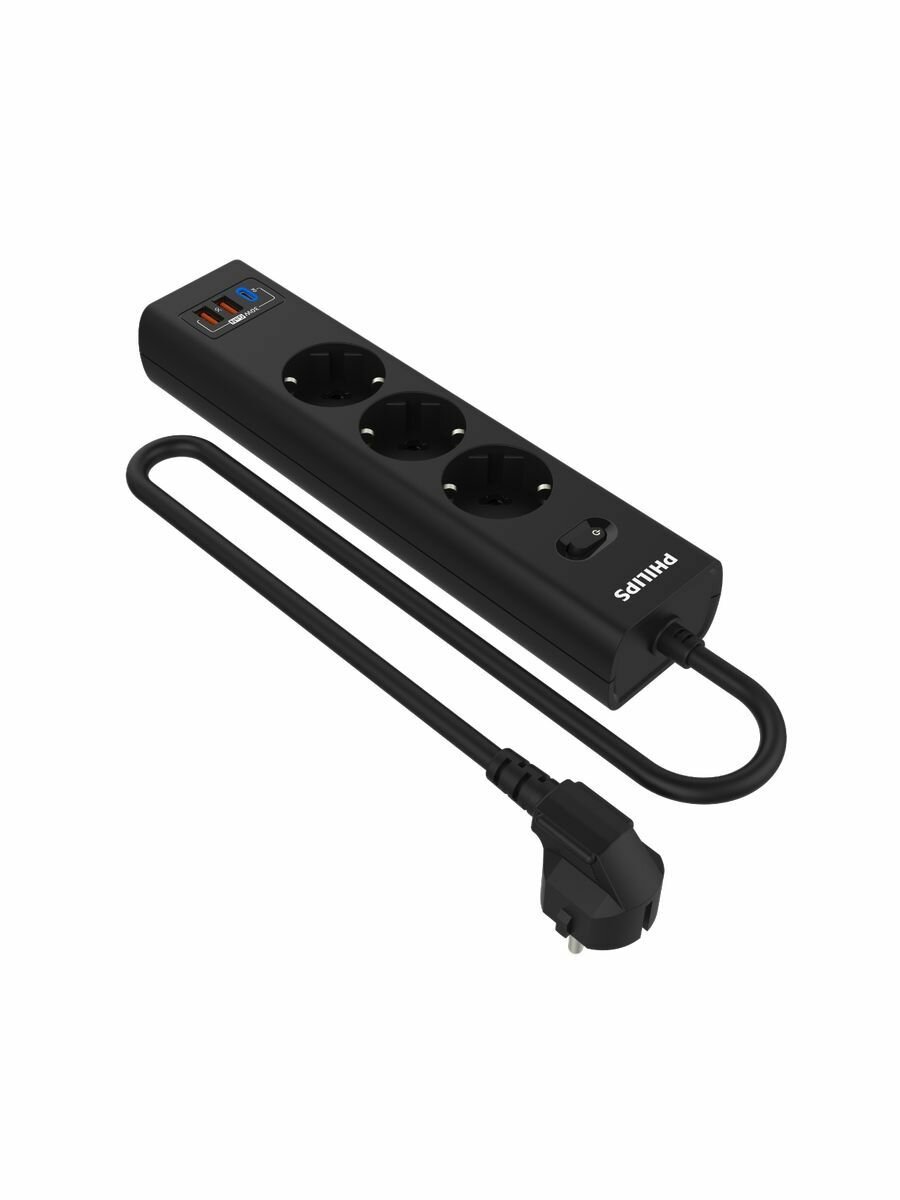Philips сетевой фильтр 3 Розетки с USB PD/QC3.0 (5/9/12В) 30Вт кабель - 3M черный