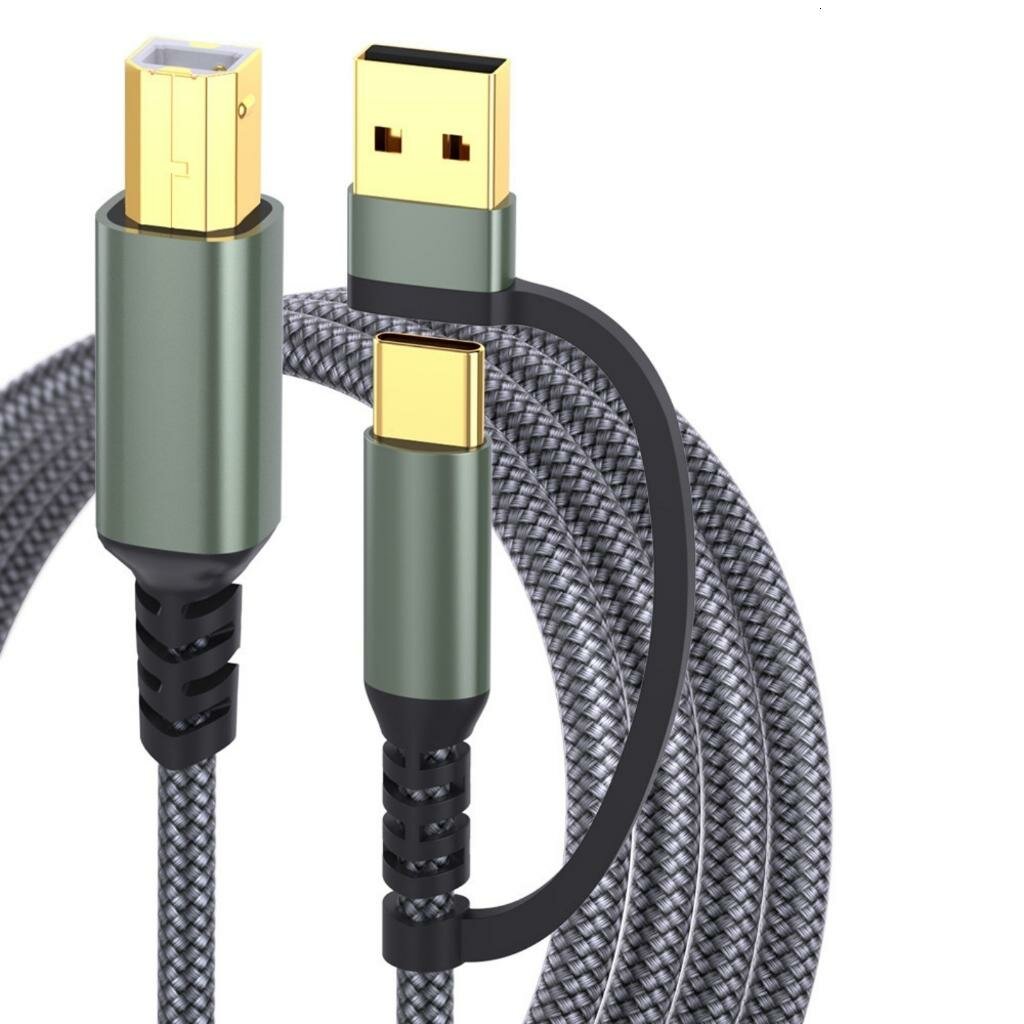 2-в-1 USB A/C - USB B кабель для принтера (оплетка, быстрая передача), Серый - 1m