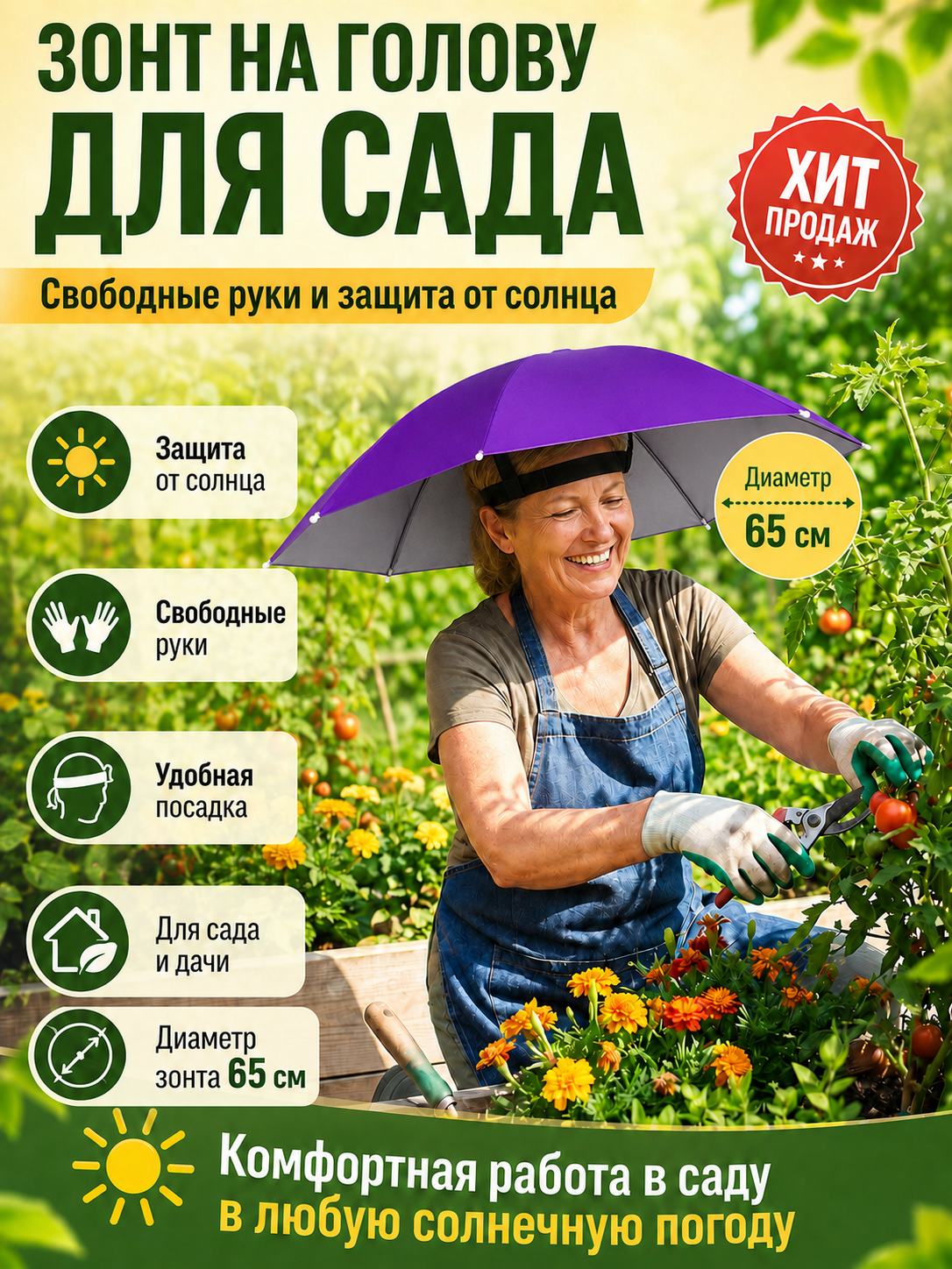Зонт, устанавливаемый на голову, складной, для дождя, солнца, рыбалки и дачи