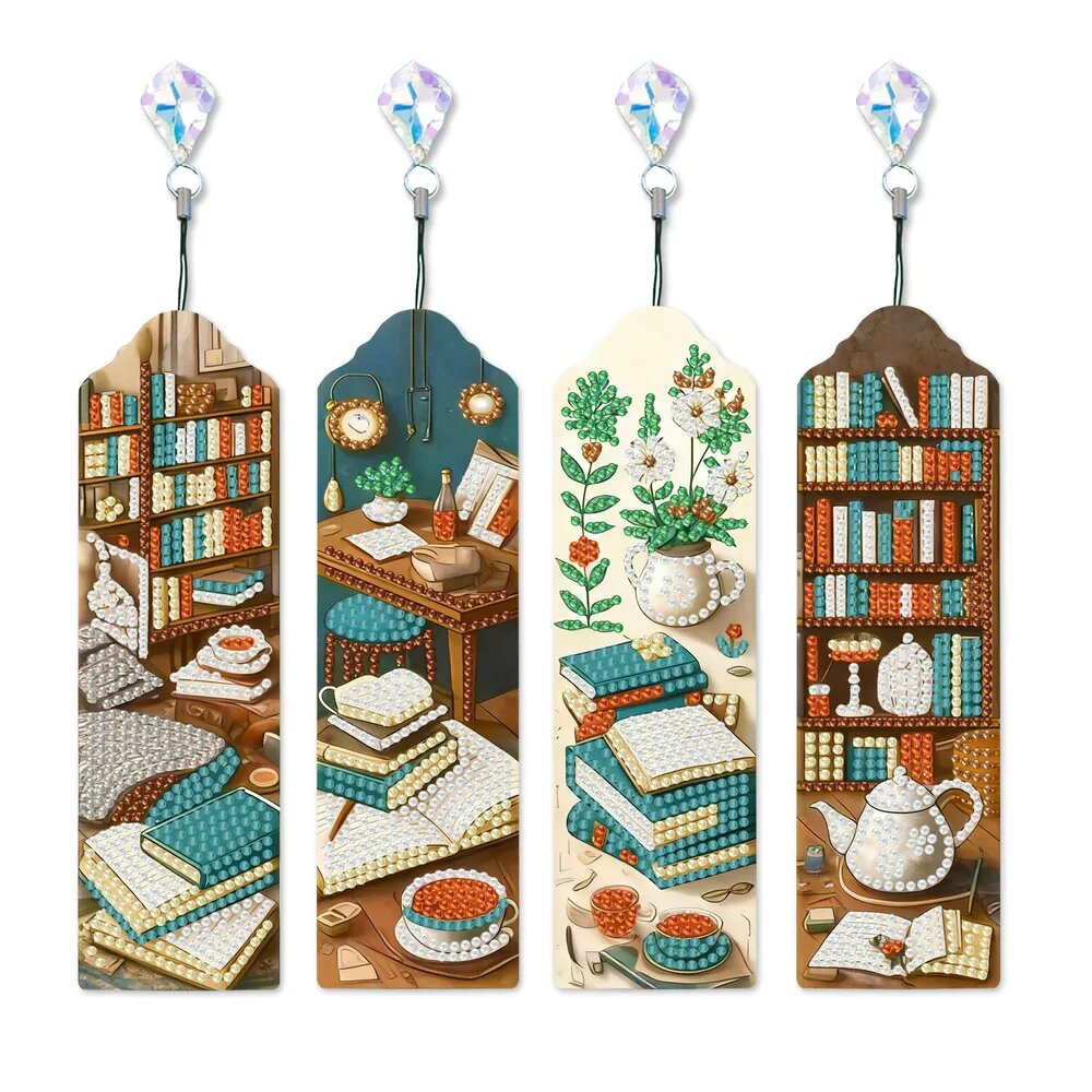 Набор алмазной мозаики-закладок 4 шт, серия Книжный шкаф и стол , с цветными подвесками. Ручная работа. Подарок для книголюбов.