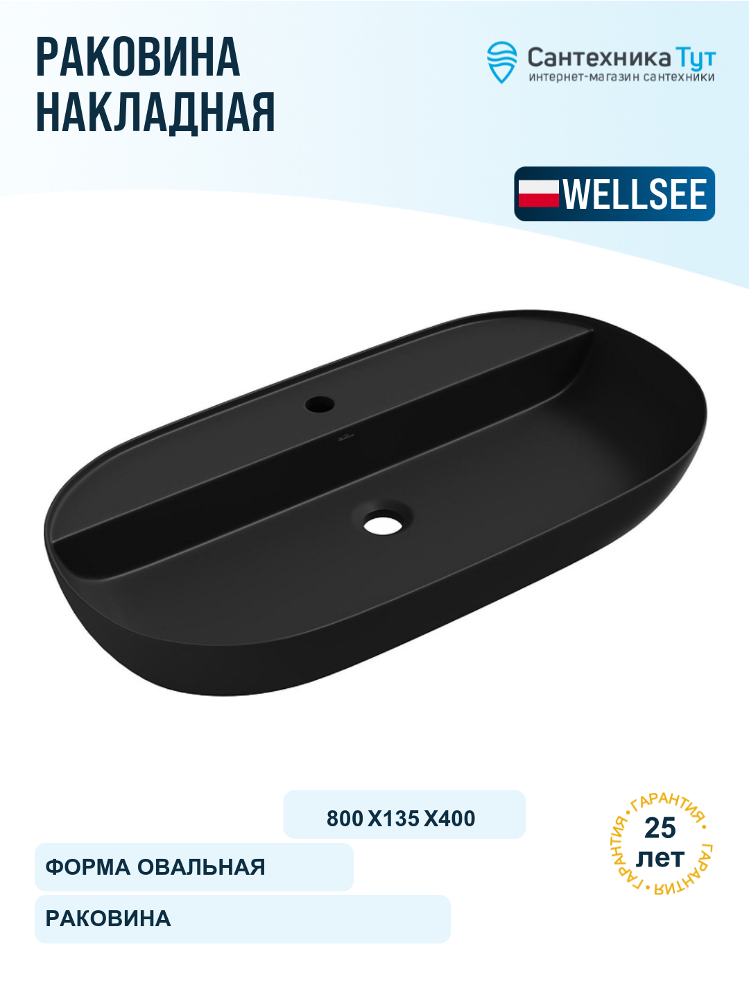 Раковина Wellsee Chic Riviera 80 326823000 цвет Черный матовый